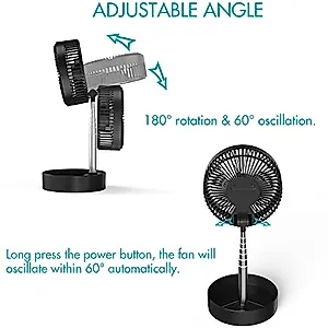 Collapsible Oscillating Fan, Rechargeable Battery Operated, Max. 13H Work Time, Strong & Quiet, 180° Pivot & 60° Oscillating Head, Portable Pedestal Fan with Extension Rod for Home Office Outdoor
