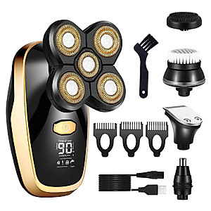 Electric Shaver Razor for Men, Bald Head Shaver 5 in 1 Cordless Waterproof Mens Shaver USB Rechargeable Grooming Kit (Gold)
