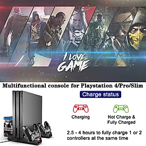 Megadream Cooling Fan Stand for PS4, Dual Controller Charge Station for PS4 Slim/PS4 Pro/Playstation 4, Multifunctional Vertical Cooling Stand with LED Indicator, 10PCS Games Storage, 4 Usb Connectors