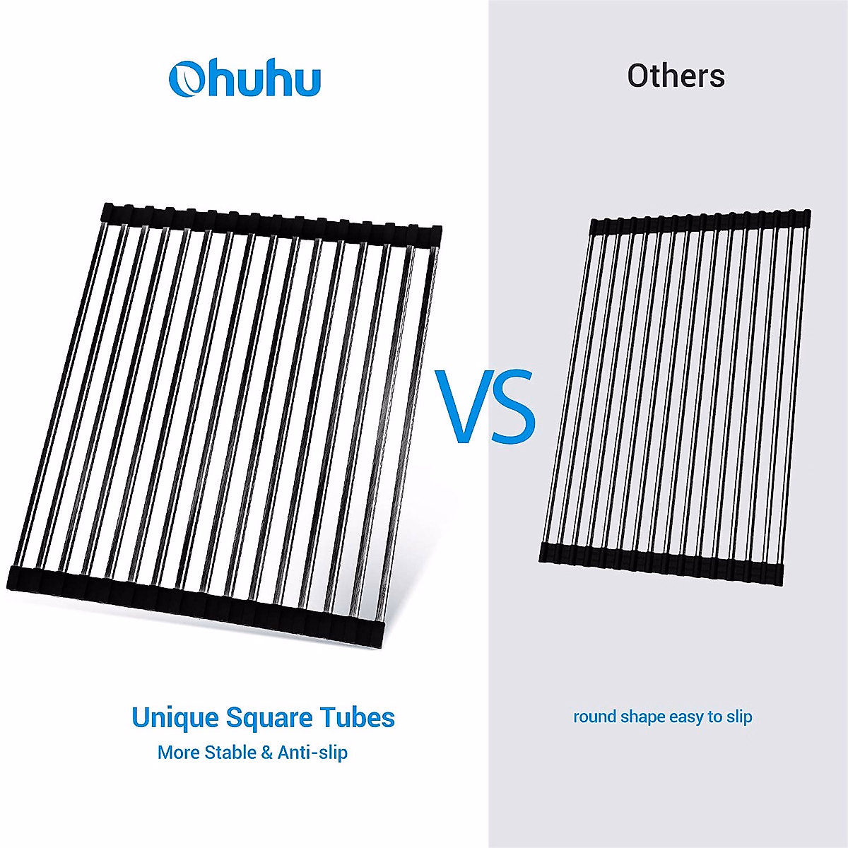 Sink Drying Rack Black Roll Up, Ohuhu 17.6" L x 15" W Over the Sink Dish Drying Rack Unique Square Tubes Stainless Steel Rolling Dish Drainers Heat-Resistant for Kitchen Counter Organizer Space Saving