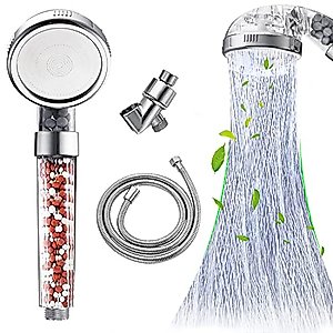 AmasSmile® High Pressure Shower Head with 59” Hose and Bracket, Ionic Filter Filtration Vortex Turbo Water Saving 3 Mode Function Spray Turbocharged Hydro Jet Handheld Showerheads for Dry Skin & Hair