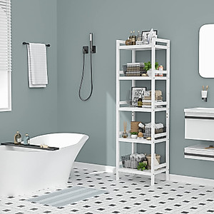 Homykic Bamboo Bookshelf, 5-Tier Narrow 55.9” Adjustable Book Shelf Bookcase Bathroom Shelves Freestanding Storage Stand for Living Room, Bedroom, Kitchen, Rust Resistance, Easy Assembly, White