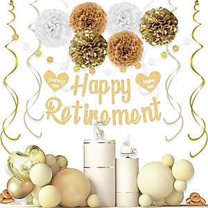 KOKAR Happy Retirement Decorations – Gold Happy Retirement Banner, Paper Pom Poms, Hanging Swirls and Glitter Circle Dots Garland for Retirement Party Decorations
