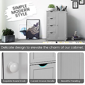 COSTWAY Bathroom Storage Cabinet, Wooden Freestanding Storage Cupboard Organizer with 4 Drawers & Adjustable Shelf, Modern Floor Cabinet for Living Room, Bathroom, Kitchen, Entryway (Grey)