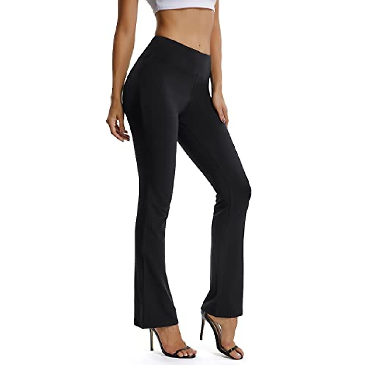 FITTOO Women's Solid Cotton Spandex Boot Cut High Waisted Flare Yoga Pants Workout Casual Trousers Comfortable Flared Leggings Black M