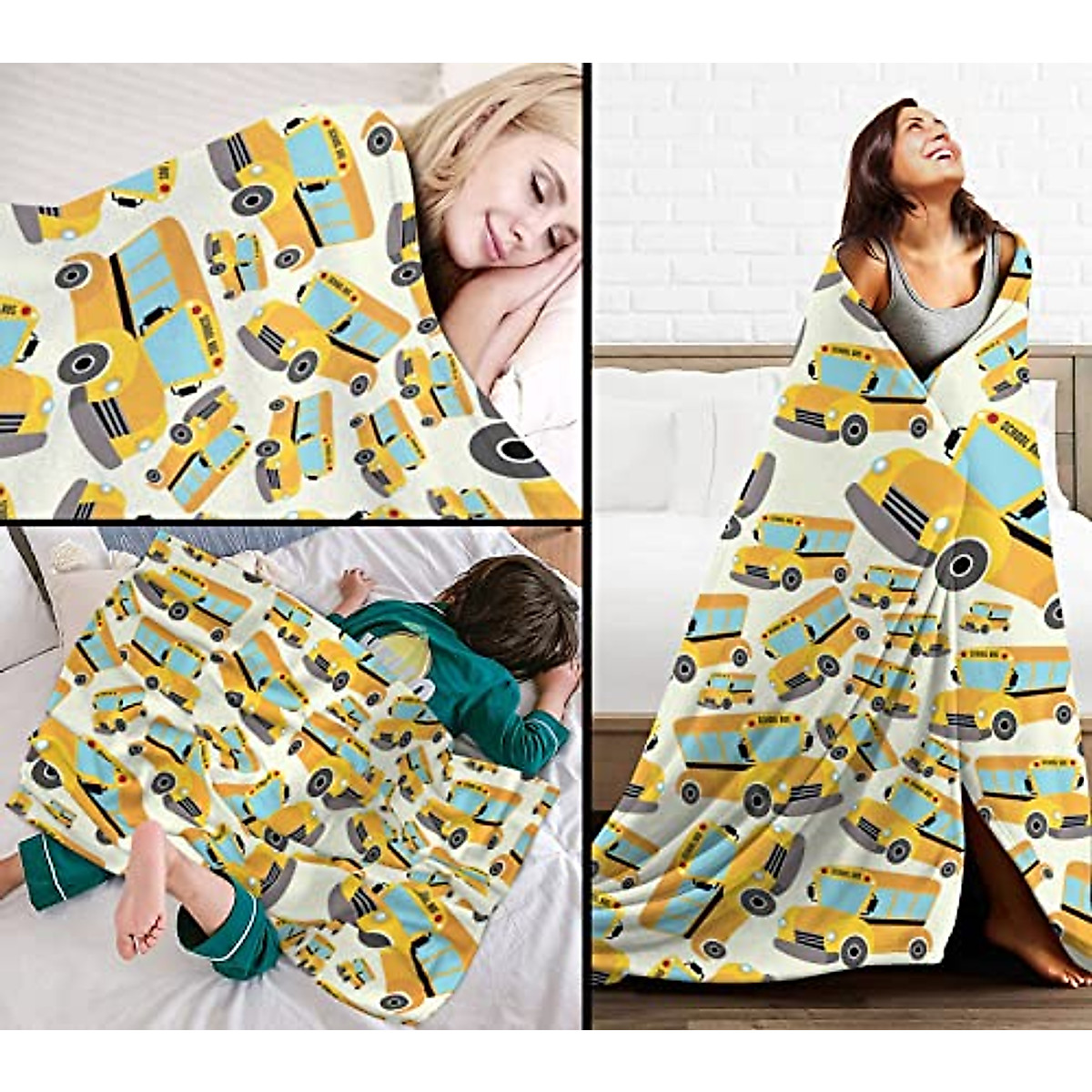 School Bus Soft Flannel Fleece Throw Blanket, Vehicle Illustrations Background Pattern for Kids, Cozy Plush for Indoor and Outdoor Use Lightweight Blanket 40"x50"