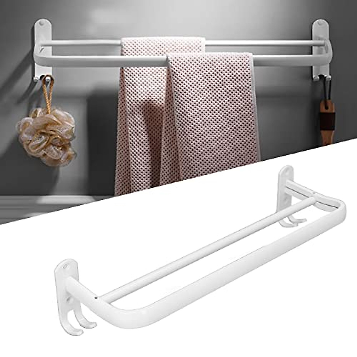 Double Rod Towel Rack,Otufan12.5x40cm/4.9x15.7 Space Aluminum Double Rod Perforated Bathroom Accessories Towel Rack Towel Hook Bathroom Accessories for Family Bathroom Hotel Toilet
