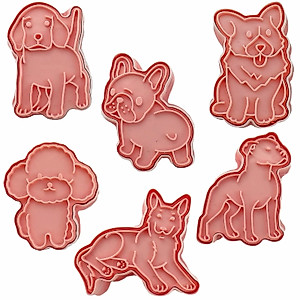 3D Dog Shaped Cookie Stamps Set, 6 pcs of Food Grade Plastic Doggy Stamping Cookie Cutters Fondant Stamper Set for Baking (Pink)