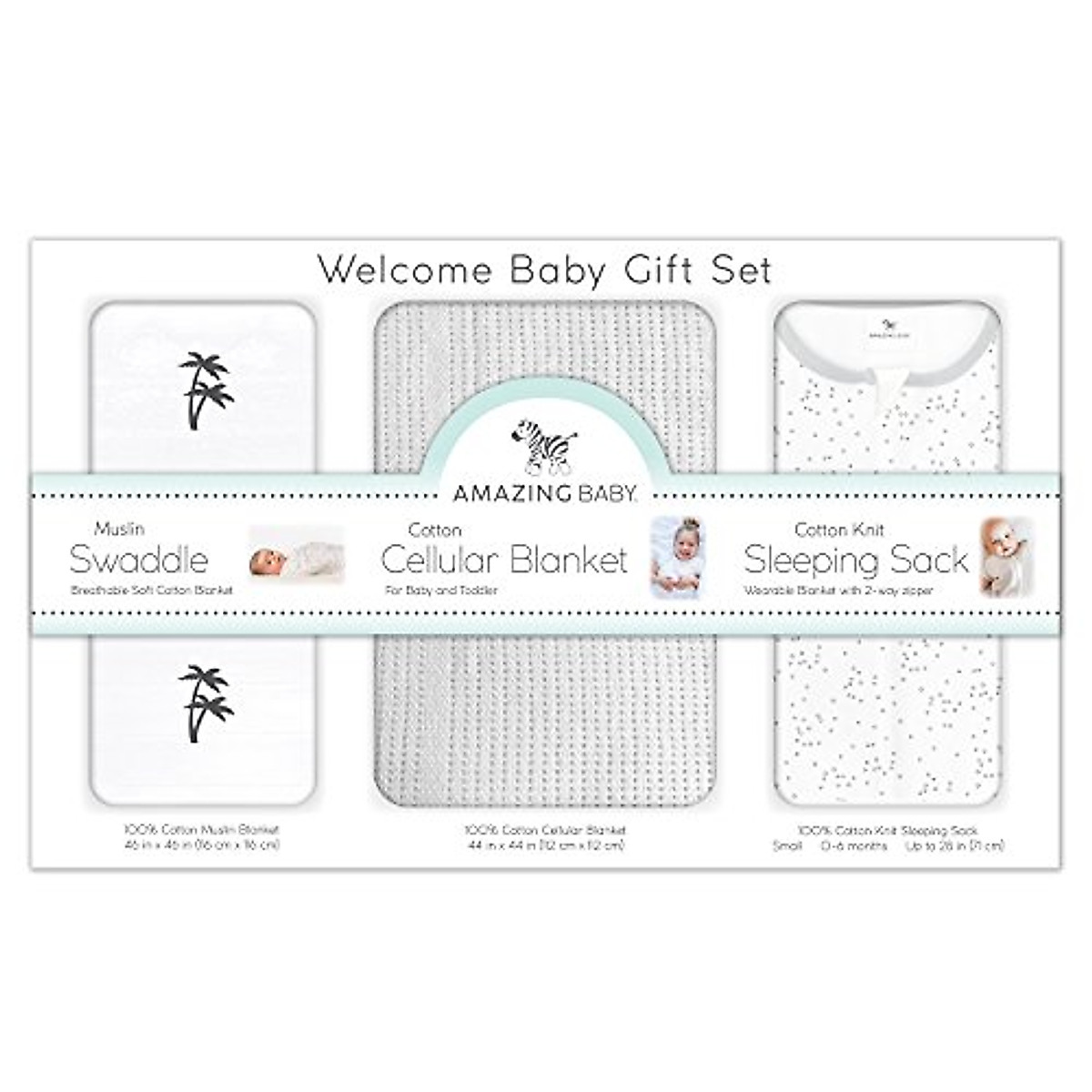 Amazing Baby Gift Set, 3-Piece Set, Cotton Sleeping Sack, Muslin Swaddle, Cellular Blanket, Pastel Sterling