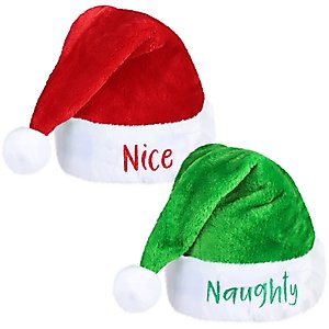 2 Pieces Naughty and Nice Plush Christmas Santa Hats Buffalo Plaid Holiday Hat for Christmas Party Supplies (Red, Green, Adult Size)