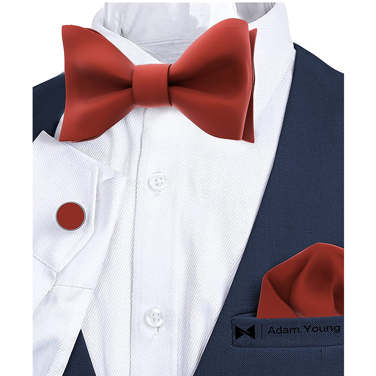 Adam Young Men's Terracotta Self Tie Bow Tie with Pocket Square & Cufflinks Formal Satin Classy Bowtie for Tuxedo Faux Silk (Classic, Rust)