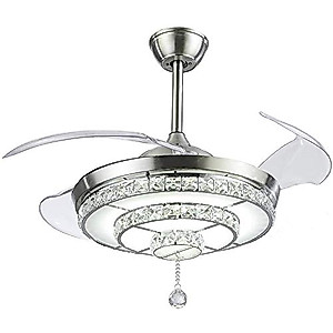 efperfect 42" Crystal Ceiling Fan with Light Retractable Blades Chrome Modern LED Chandelier Remote 3 Color Changes 3 Speeds Silent Ceiling Fans Lighting Fixture, LED Kits Included