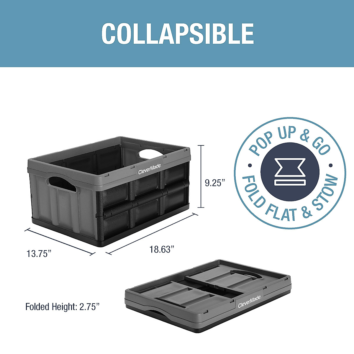 CleverMade Collapsible Storage Bin, Charcoal, 3PK - 32L (8 Gal) Stackable Storage Containers, Holds 66lbs Per Bin - Plastic Storage Bins for Organizing, Closet Storage, Garage Storage