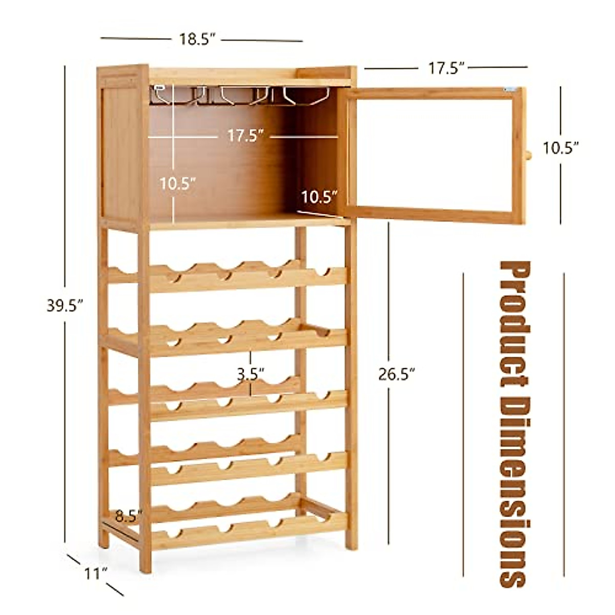 COSTWAY Freestanding Wine Rack, 20-Bottle Wine Display Shelf w/ 100% Bamboo Material, Glass Holder, Transparent Cabinet Door, Vertical Wine Bar Cabinet Organizer for Kitchen, Pantry, Home Bar