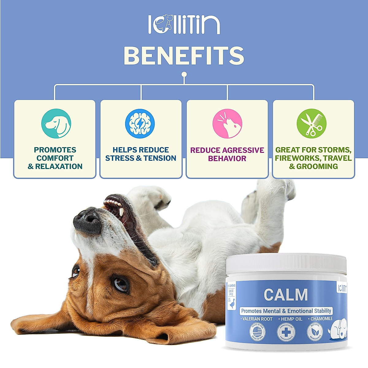 Lollitin Calming Chews for Dogs - Separation Anxiety, Grooming, Fireworks, Storms, Barking - Reduce Stress, Tension - All-Natural - Duck Flavor - 120 Chews - Small, Medium, Large Dogs, All Breeds