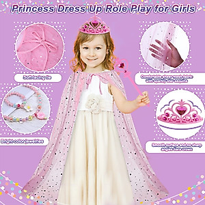 Tea Party Set for Little Girls,PRE-WORLD Princess Tea Time Toy with Food Sweet Treats Playsets,Dress Up Accessories Cloak Necklace Bracelet Jewelry Set, Kids Kitchen Pretend Play for Girls Age 3-6
