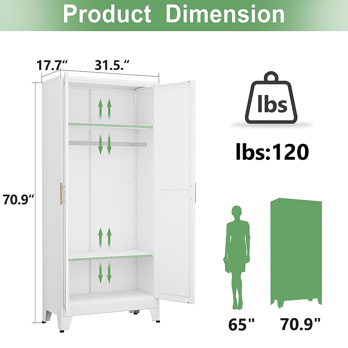 70.9" H Metal Armoire Wardrobe Closet, Adjustable Shelve, Clothes Drying Pole, Steel Wardrobe Cabinet for Bedroom (White)