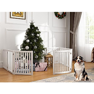 WELLAND Wooden Freestanding Pet Gate, 24 Inch 3 Panel Step Over Fence, Expands Up to 60" Wide, Foldable Indoor Dog Gate Puppy Safety Fence, White