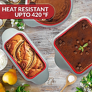 Boxiki Kitchen Silicone Baking Pans Set. 3 PCS Professional Silicone Non-Stick Baking Cake Pans Set includes Silicone Round Cake Pan, Square Cake Pan and Bread Loaf Pan.