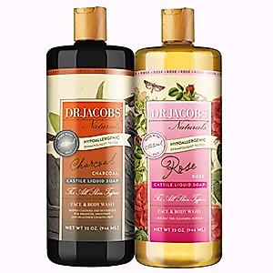 Dr Jacobs Naturals 32 Oz. 2 Pack Pure Castile Liquid Soap - No Palm Oil, GMO Free - Multi-Purpose for Face, Hair, Laundry and Dishes - Hypoallergenic and Dermatologist Approved (Rose & Charcoal)