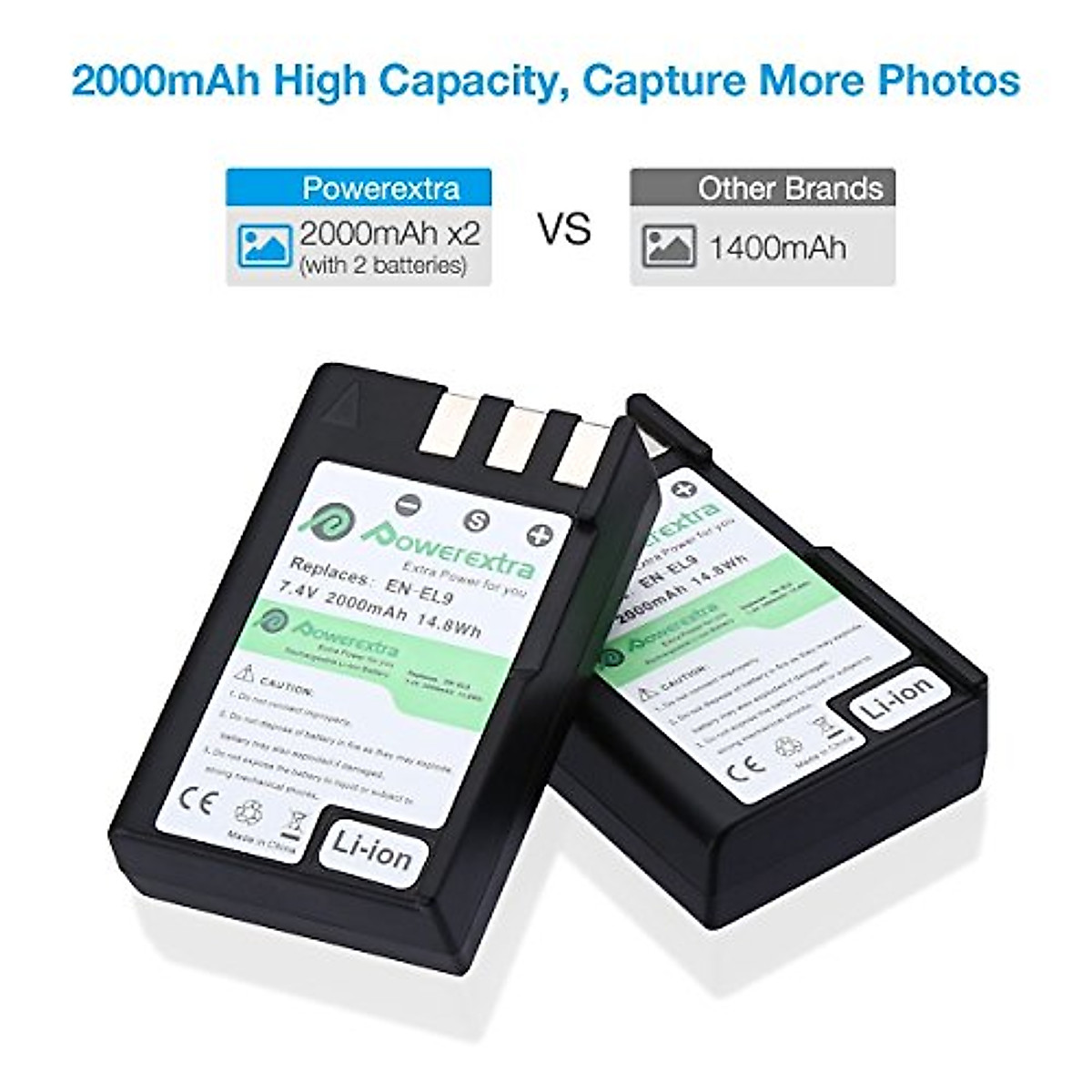 Powerextra 2 x EN-EL9 Battery & Charger with LCD Display Compatible with Nikon D40 D40x D60 D3000 D5000 Cameras