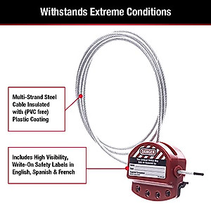 Master Lock S806 Adjustable Lockout Tagout Steel Cable, 5/32" Diameter, Black/Red