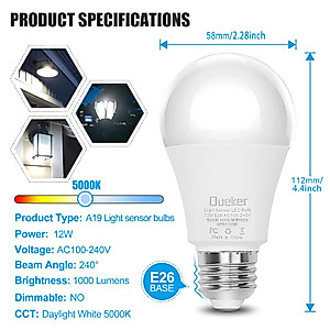 Dusk to Dawn Light Bulbs Outdoor 4 Pack, 5000K Daylight White Light Sensor Bulbs, 12W (100 Watt Equivalent) Auto On Off Photocell Sensor, E26 A19 1000LM LED Bulbs for Porch Garage Lighting