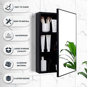 ANTIS'S HOME Medicine Cabinet, Black Bathroom Mirror with Storage, Mirror Cabinet Wall Mounted Aluminum Storage Cabinet, Rectangle Modern Vanity Cabinet, Non-recessed, 16 x 24 inch