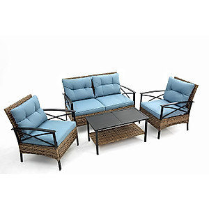 Hlcodca Outdoor Patio Furniture Sectional Sofa Set,4-Piece Rattan Wicker Dining Conversation Patio Set with Cushion & Table for Porch Yard Pool or Backyard (Blue/Garden@)