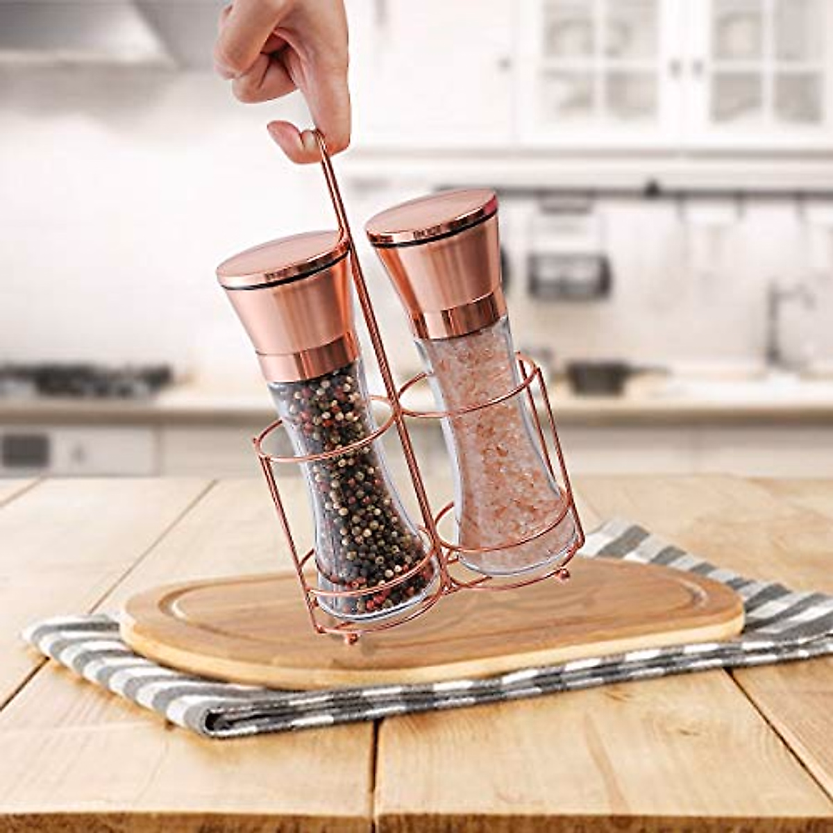 bonris Copper Stainless Steel Salt and Pepper Grinder Set Manual Himalayan Pink Salt Mill|Salt and Pepper Shakers with Adjustable Coarseness and Clear Glass Body (Pack of 2)