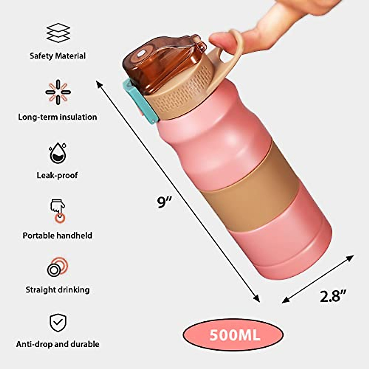 16 oz Stainless Steel Water Bottles,Vacuum Insulated Water Bottles for Hot & Cold Drinks,Perfect for Biking,Backpack,Camping,Office or Car (Pink)