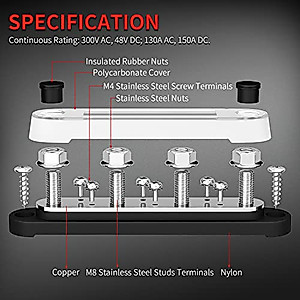 DAIERTEK Bus Bar Terminal Block 4 x 5/16" (M8) Terminal Stud, 6 x #8 (M4) Screw Terminal Positive & Ground Power Distribution Block with Cover Marine Bus Bar 12V - 48V for Automotive Car Boat