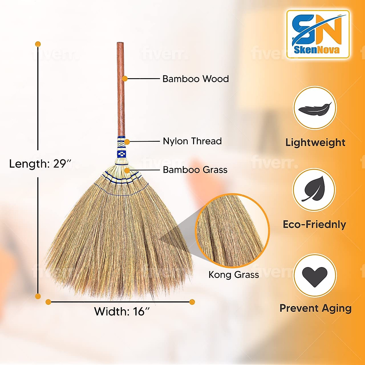 SN SKENNOVA - 28-inch of Short Asian Broom Whisk Broom Thai Natural Grass Broom Solid Wood Handle for RV's Tent Camping