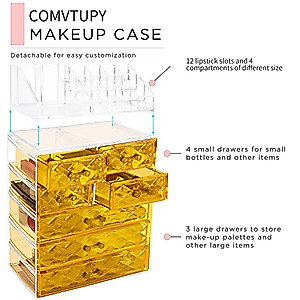 COMVTUPY Clear Makeup Organizer with Brush Holder, Large Acrylic Cosmetic Display Cases Diamond Pattern Make Up Organizers and Storage for Vanity, Bathroom (3 Large, 4 Small Drawers, Yellow)