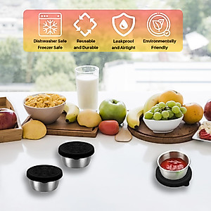 Pack of 6 Salad Dressing Container To Go: Small Condiment Containers with Lids, Reusable Stainless Steel Sauce Cups, Leakproof Silicone Lids for Bento Box, Picnic and Travel (Black - 2.36oz)