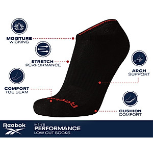 Reebok Men's Low Cut Socks - 12 Pack Performance Cushion Comfort No Show Socks - Breathable Athletic Socks for Men (6-12.5), Size 6-12.5, Black/Grey Logo