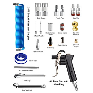 SARDVISA 22-Packs Air Compressor Accessories Kit, 25FT Upgrade Repairable Air Hose with 1/4'' NPT Air Tool Kit, Air Blow Gun/Air Chuck/Tire Gauge, Pneumatic Tool Set
