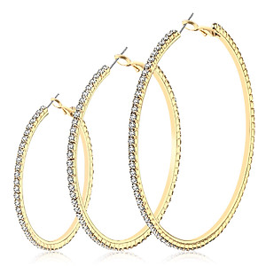 NLCAC 14K Gold Plated Big Hoop Earrings-3 Pairs Gold Hoops Crystal Rhinestone Hoop Earrings Set 50mm 60mm 70mm (Gold)