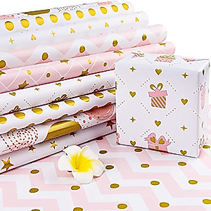 PLULON 6 Sheets Gold and Pink Birthday Gift Wrapping Paper, Gold Pink Gift Wrap Paper for Wedding, Birthdays, Hen Party, Baby Shower Decorations