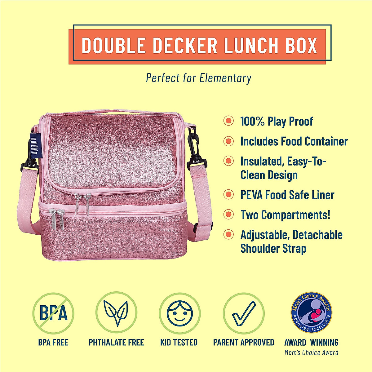 Wildkin Two Compartment Insulated Lunch Bag for Boys & Girls, Perfect for Early Elementary Lunch Box Bag, Ideal Size for Packing Hot or Cold Snacks for School & Travel Lunch Bags (Pink Glitter)