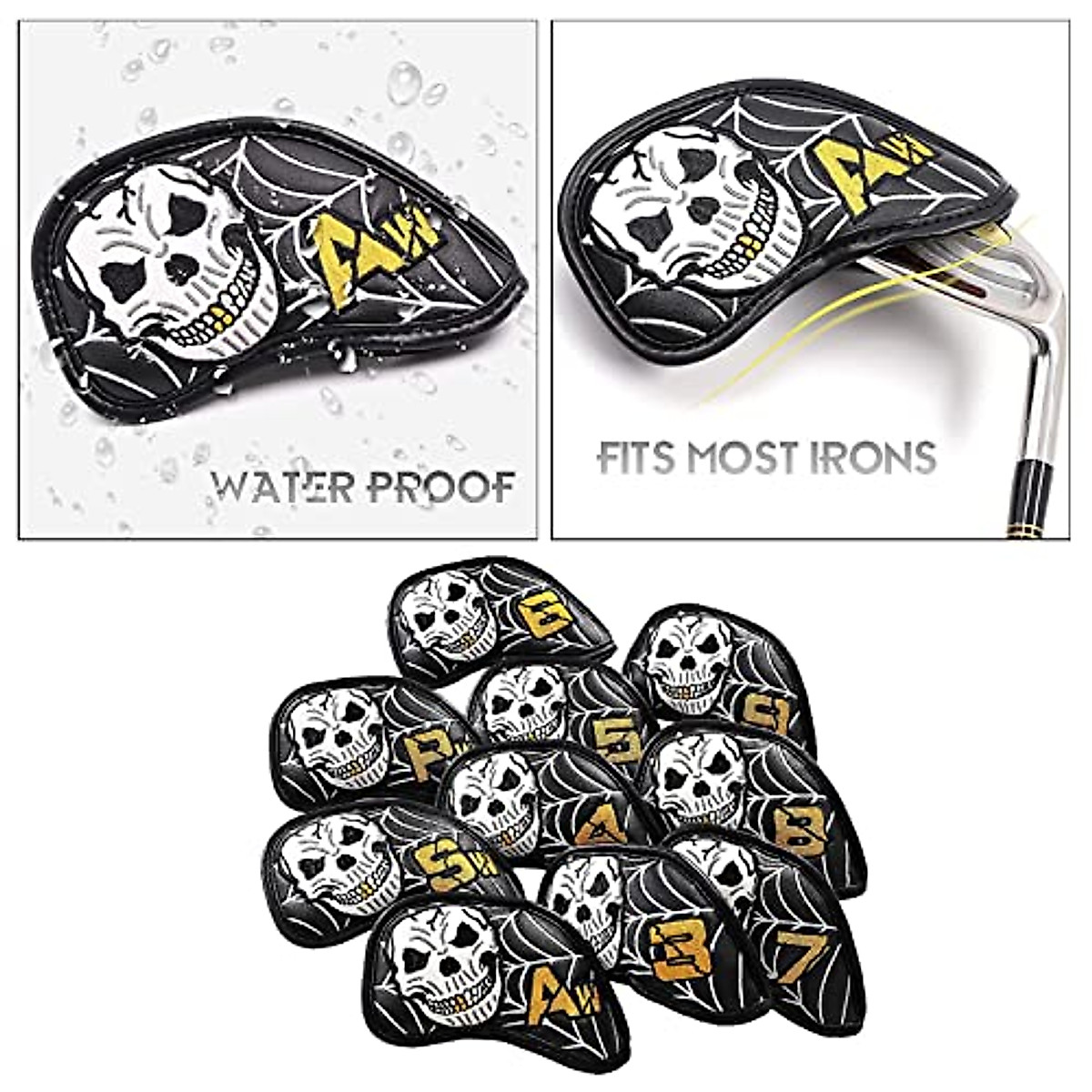 BESSTUUP 10pcs Golf Head Covers for Irons Putter, Sticker PU Leather Skull Pattern Golf Irons Headcovers Covers, Gigfts for Golfer Men Women