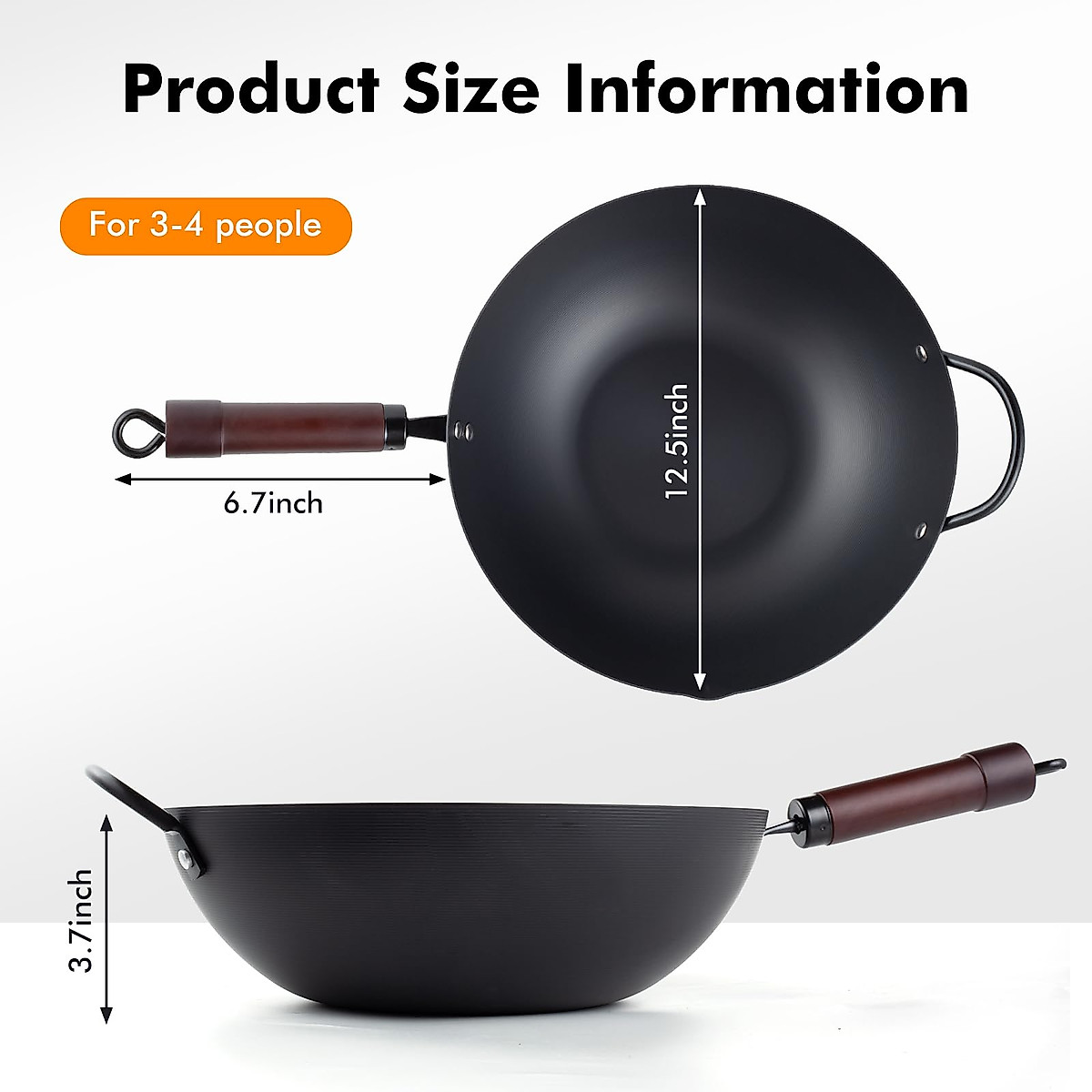 Vegoran Carbon Steel Wok Pan,12.5" Non-Stick Woks & Stir-Fry Pans with Glass Lid,No Chemical Coated Flat Bottom Iron Wok for Induction,Electric,Gas,Halogen,All Stoves-Practical Gift (12.5")