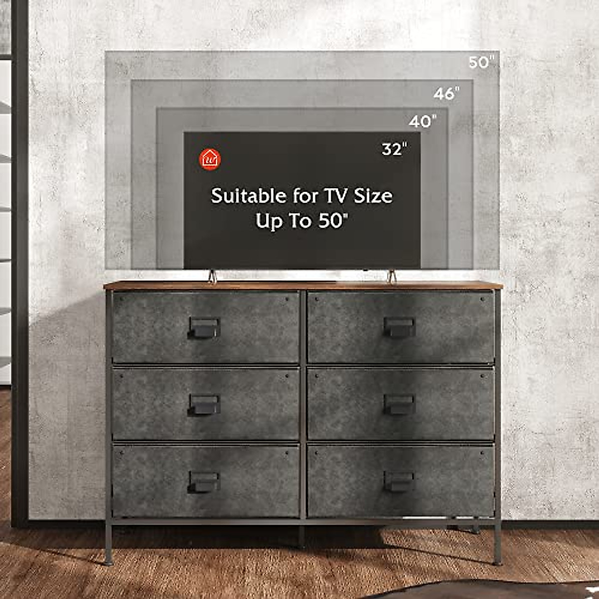 WLIVE Wide Dresser with 6 Drawers, Industrial TV Stand for 50" TV, Entertainment Center with Metal Frame, Wooden Top, Fabric Storage Dresser for Bedroom, Hallway, Entryway, Black