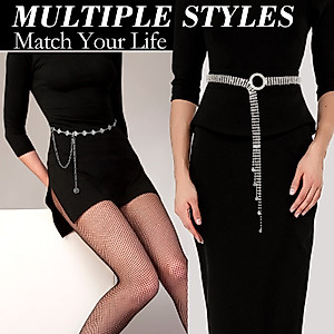 Vabean 2 Pieces Rhinestone Belt for Women Shiny Crystal O-Ring Waist Belts for Dress Diamond Chain Belt for Ladies Dress Gift (Silver)