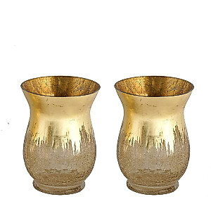 Tableclothsfactory Pack of 2 8" Tall Handmade Gold Foil Crackle Glass Vases Hurricane Candle Holders