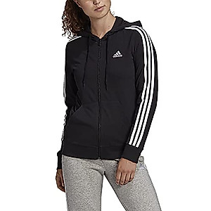 adidas Women's Essentials Single Jersey 3-Stripes Full-Zip Hoodie, Black/White, Medium