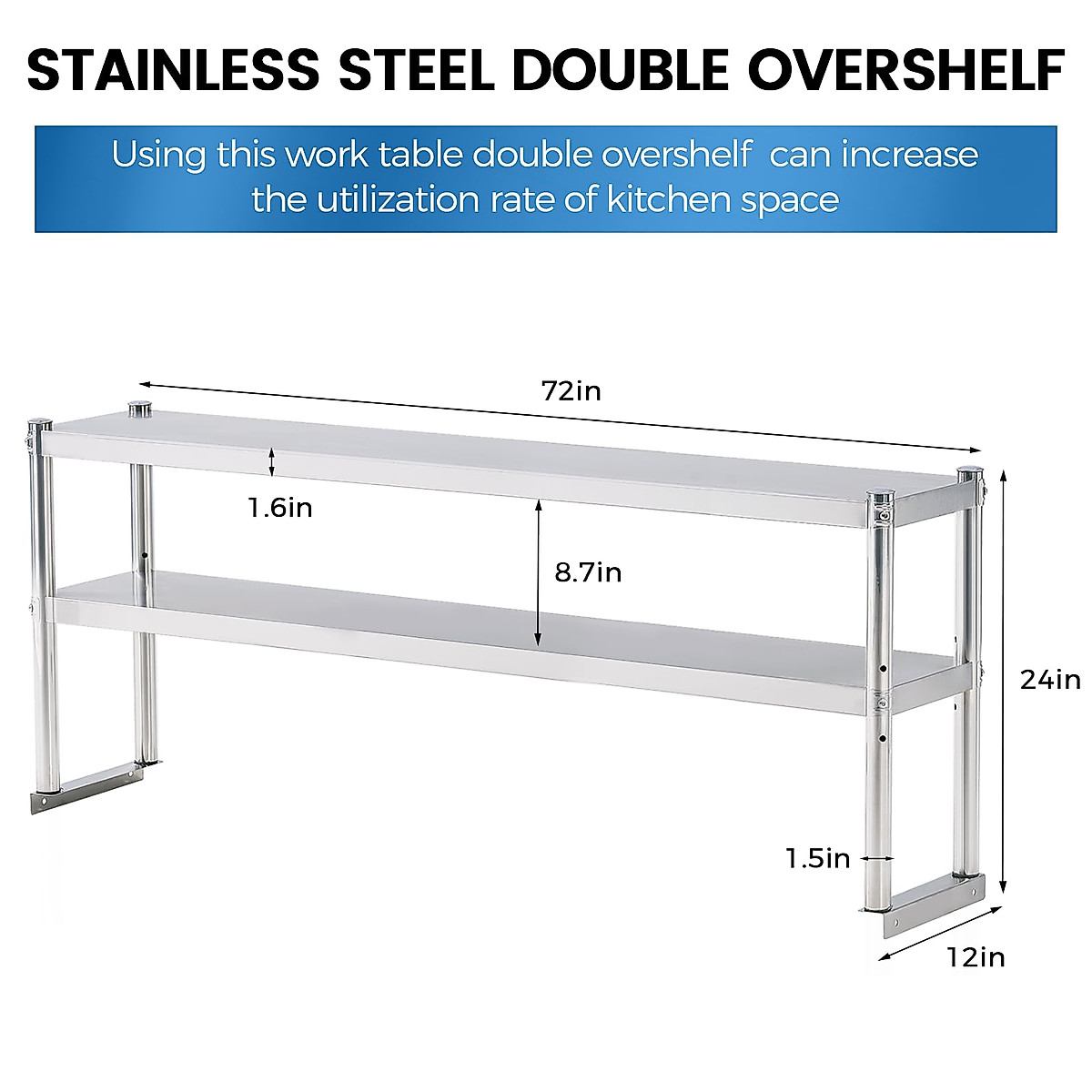 KUARBARR Stainless Steel Double Overshelves 2 Tier Overshelf for Prep & Work Table 12 x 72 Inches Height Adjustable Commercial Overshelf in Restaurant Kitchen Home