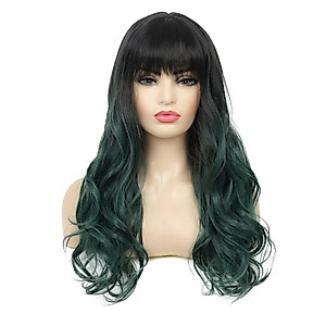 Dai Cloud Black Green Wigs With Bangs for Women Long Wavy Curly Hair Wigs Dark Roots Wigs for Women Cosplay Party Daily Use
