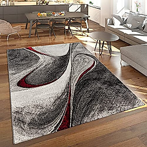 Paco Home Modern Short-Pile Rug Living Room Mottled Abstract Design Grey Red Black, Size: 3'11" x 5'7"