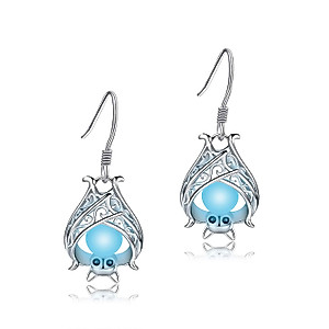 Cute Bat Earrings Sterling Silver Glowing in The Dark Animal Dangle Earring Little Witchy Vampire Halloween Jewelry Gift for Girl Teens (White)